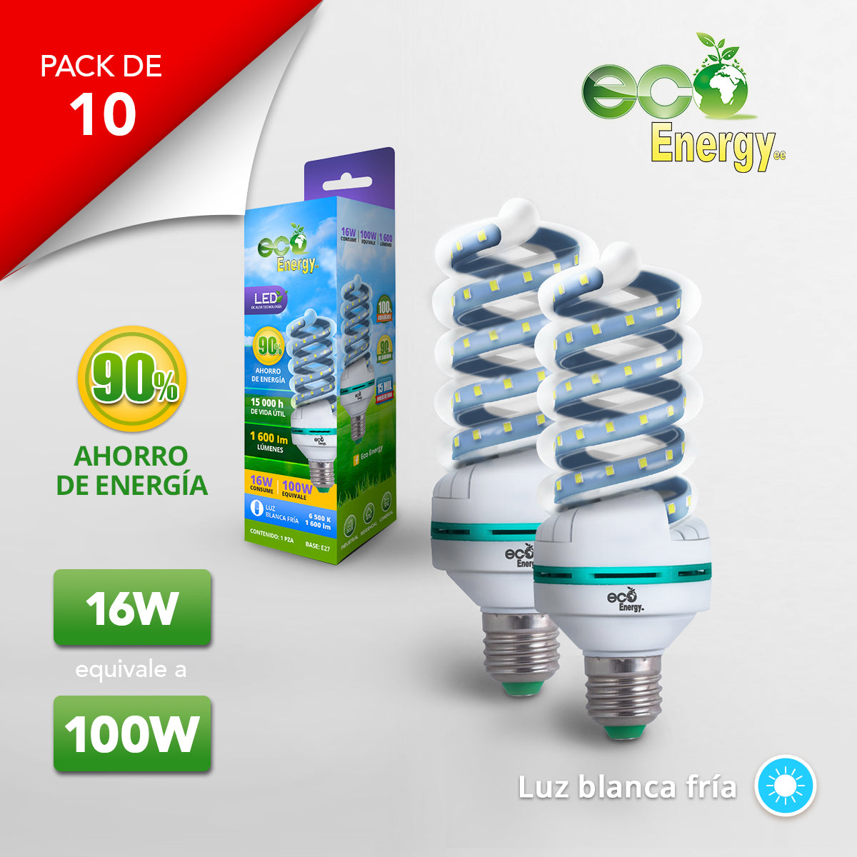 Pack de 10 Focos Espiral LED 16w| Luz blanca fría — Eco Energy Mexico
