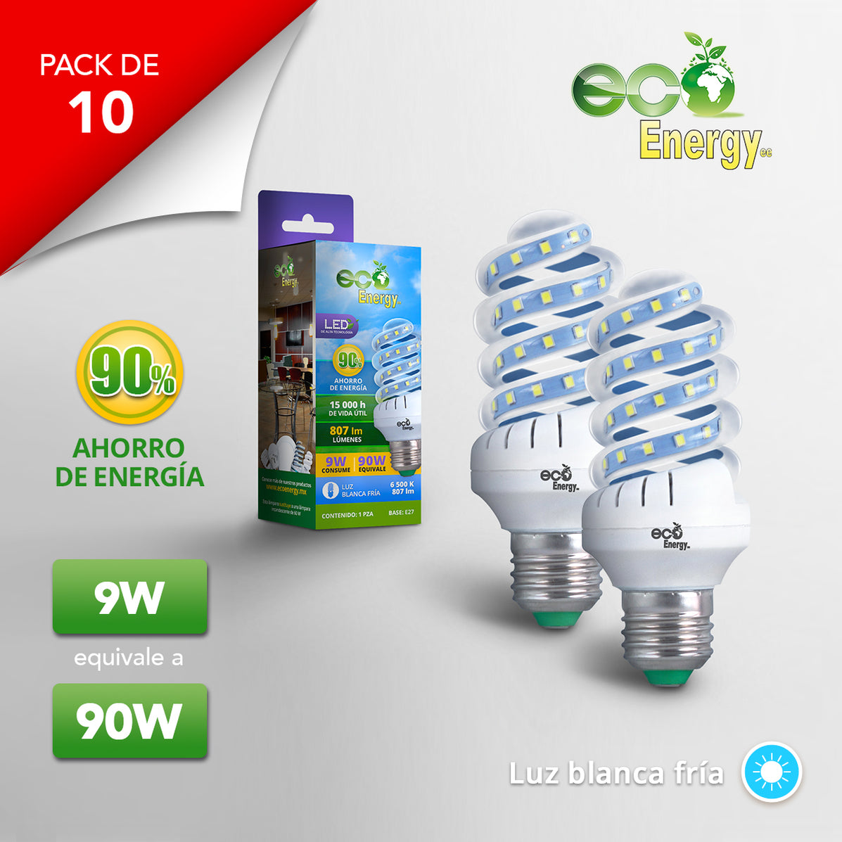Pack de 10 Focos Espiral LED 9w | Luz blanca fría — Eco Energy Mexico