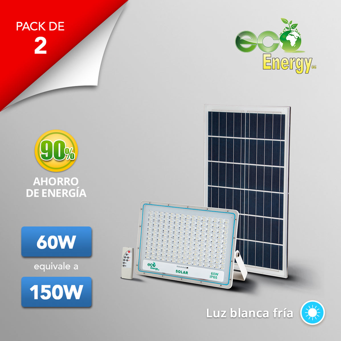 Pack de 2 Reflectores Solares LED 60w | Luz blanca fría — Eco Energy Mexico