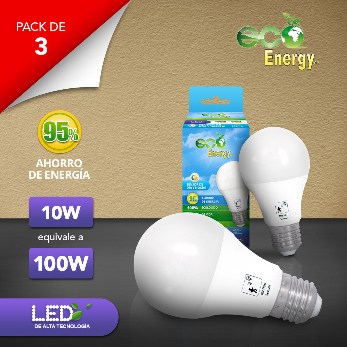 Pack de 3 Focos Sensor de Día y Noche 10w equivalente a 100w | Luz bla ...